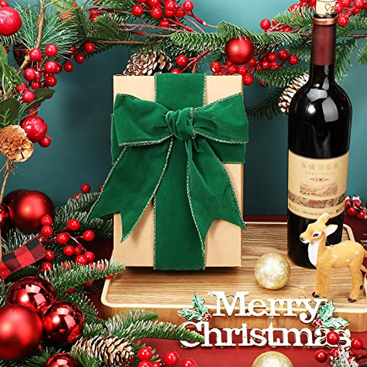 Syhood Christmas Wired Velvet Ribbon with Gold Edge Waterproof Velvet Decoration Ribbon Wrapping for Xmas Wreath Bows Floral Craft Ornaments(2.5 Inch X 60 Yard,Green)