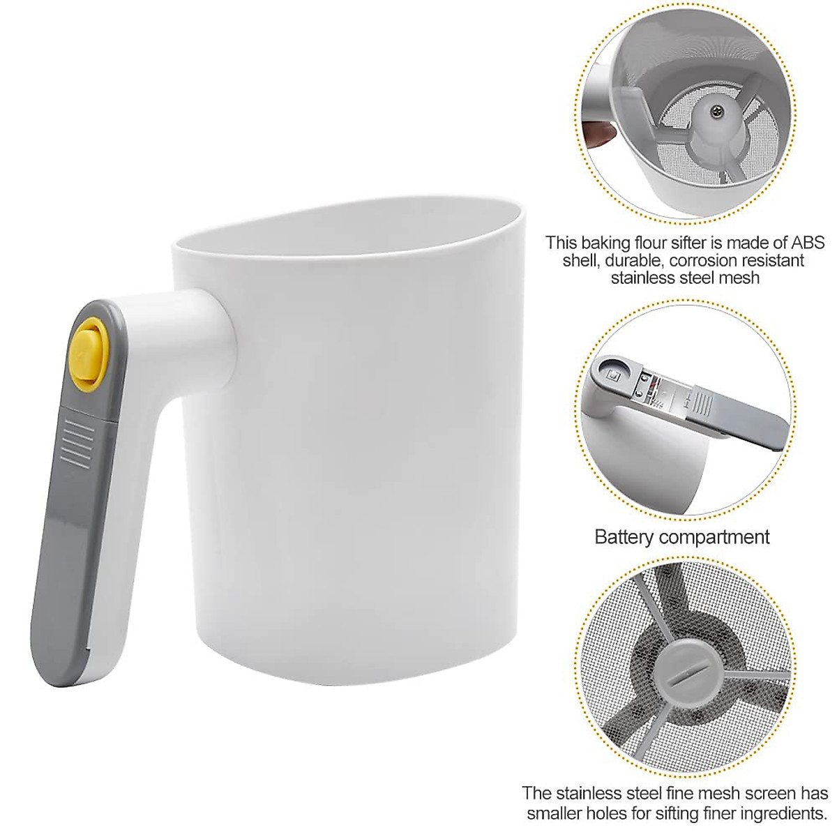 Electric Flour Sifter, Handheld Battery Operated Stainless Steel Mesh Shaker, Cup Shape Powder Shaker Strainer Kitchen Cooking Baking Pastry Tools 4 Cup Capacity(White)