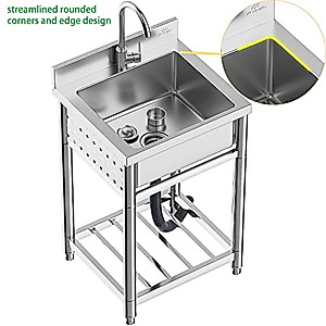KENPIKO Utility Sink,Stainless Steel Sink,Outdoor Sink,Camping Sink,Laundry Room,Backyard, Garages,Free Standing Sink for Indoor Outdoor, with Storage Shelves&Drainer Unit Faucet Combo with Strainer