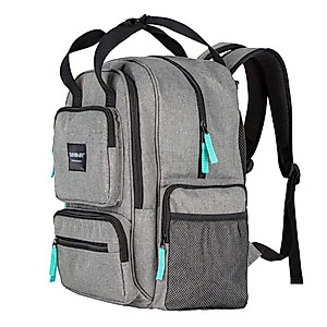 YavoBaby Diaper Bag Backpack - Large Capacity 18 Pocket Multi-Functional Unisex Diaper Bag - Extremely Durable and Stylish - Includes Changing Pad, Stroller Straps, and Nursing Pouch -Gray w/Teal Tags