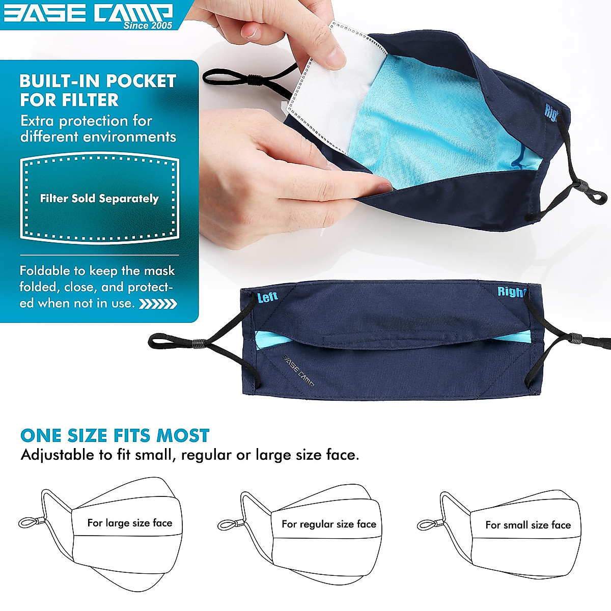 BASE CAMP Reusable Cloth Dust Face Masks 100% Cotton Washable Adjustable Breathable Fabric Mask with Filter Pocket (1Black+1Green-L)