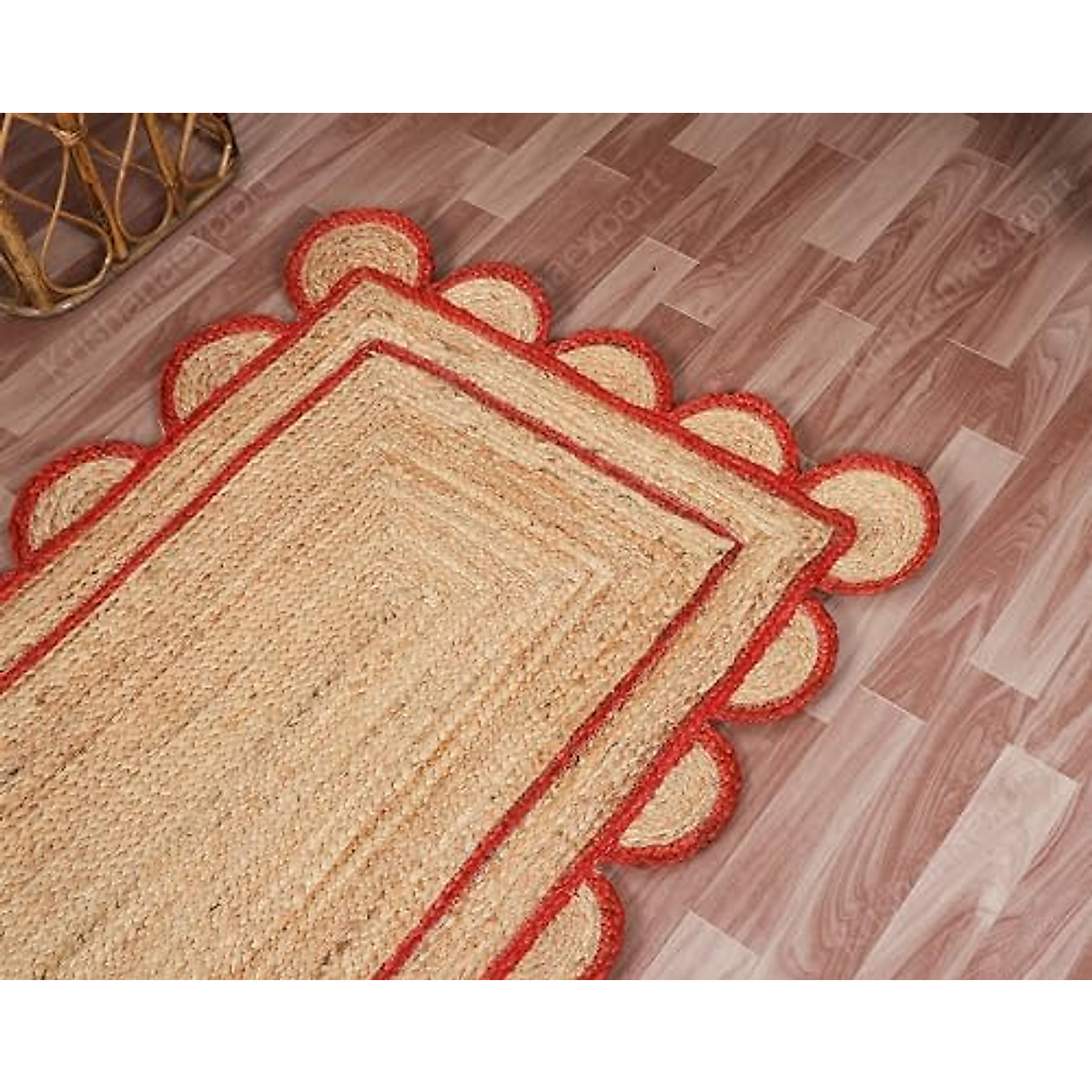 2x3, 2x4, 2x5, 2x6 Ft, Braided Scalloped Jute Rug, Red Scallop Rug, Boho Rug, Natural Jute Rug, Bohemian Rug, Jute Area Rug, Handwoven Jute Rug, Custom Size Rug (2x3 Ft, Area Rug)