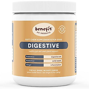 Digestive Soft Chew Supplement for Dogs, Prebiotic, Probiotics, Fiber. Solid Stools & Stop Scooting, Vet-Developed. Allergen-Free, Plant-Based - Made in USA - Benefit Pet Products (Pumpkin, 90ct)