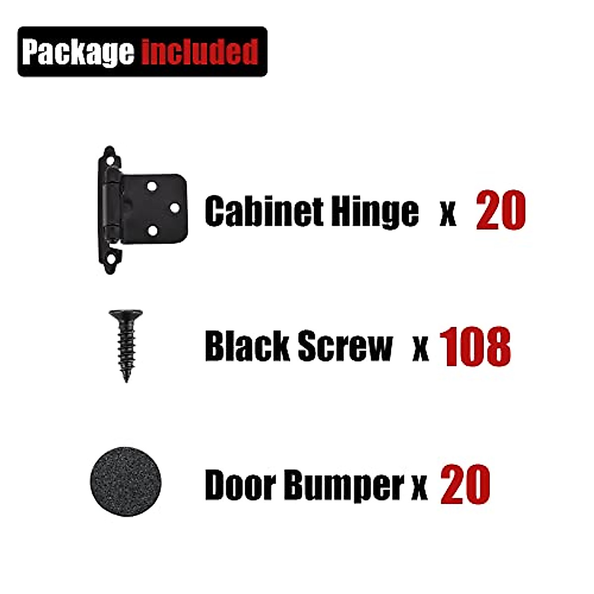 JQK 1/2 Inch Overlay Cabinet Door Hinges Black, 20 Pack 10 Pairs Flush Face Mount Cupboard Self-Closing Kitchen Cabinet Hinges with Door Bumper, CH200-BK-P20