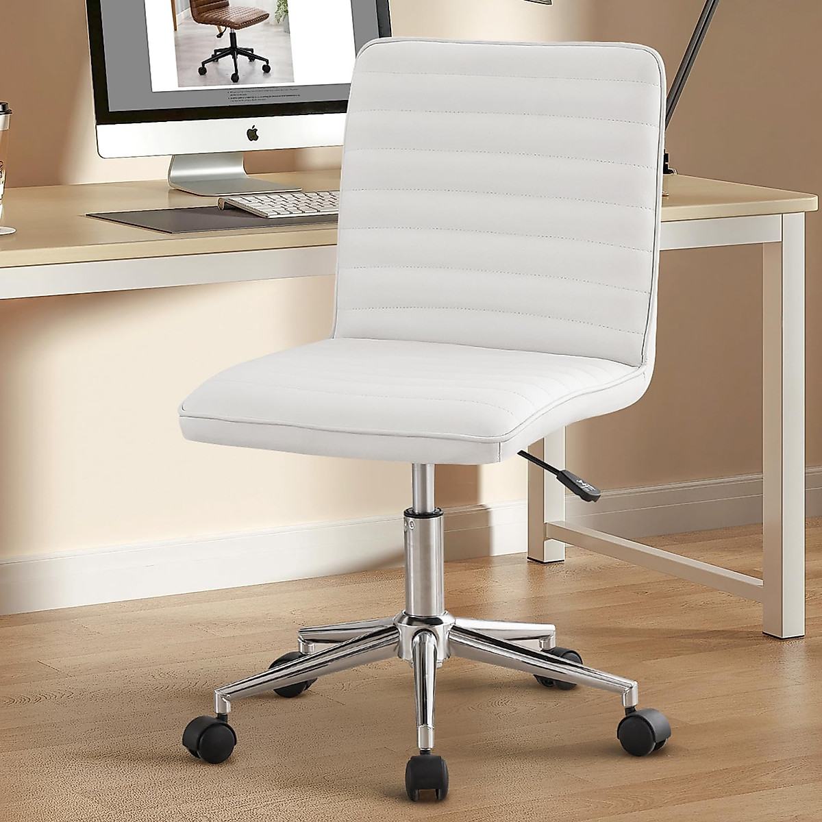 Furnimart Faux Leather Mid-Back Armless Office Desk Chair Adjustable Task Chair Home Office Chair Small Swivel Chair Dorm Chair with Smooth Casters (PU White)