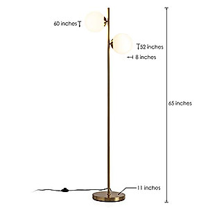 Tangkula Mid Century Globe Floor Lamp with 2 LED Bulbs for Living Room, Frosted Glass Lamp with Foot Switch, Modern Tall Pole Standing Light for Home Office, Indoor Sphere Floor Lamp (Antique Brass)