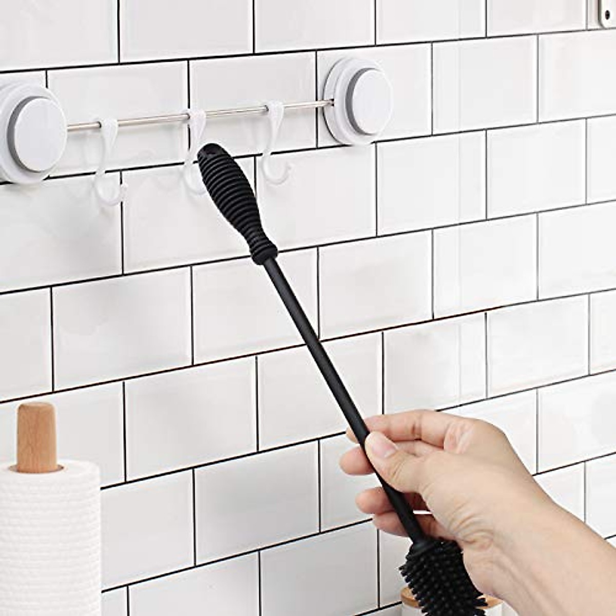 KUFUNG Silicone Bottle Brush, Long Handle Flexible Cleaner Brush for Water Bottles, Glasswares, Mugs, Hydro Flask, Vase and Glassware Brush for Narrow Neck Containers (Black)