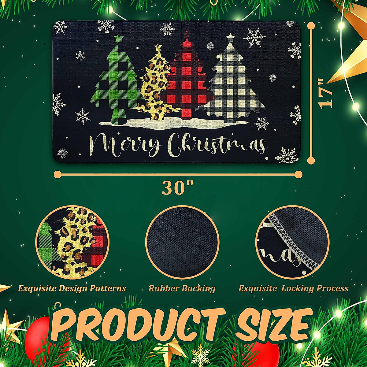 OUXIOAZ Buffalo Plaid Christmas Tree Black Merry Christmas Doormat 17"x30",Seasonal Xmas Door Mat Non-Slip Washable Low-Profile Winter Holiday Doormat for Indoor Outdoor