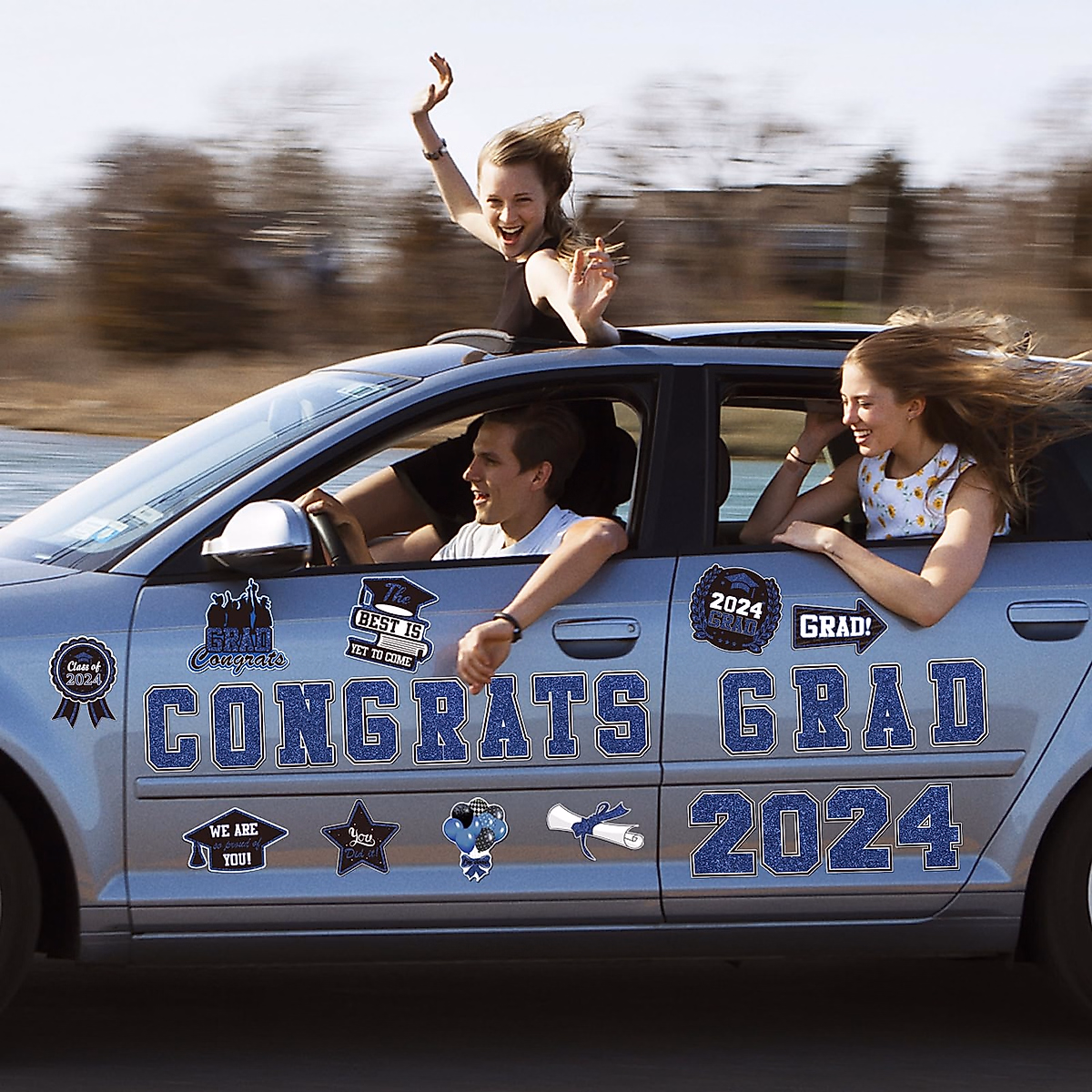 2024 Graduation Car Magnet Decoration 25Pcs, Magnetic Congrats Grad 2024 Refrigerator Garage Door Stickers, Class of 2024 Graduation Car Magnet Decal for Parade Decor Graduation Party Supplies (Blue)