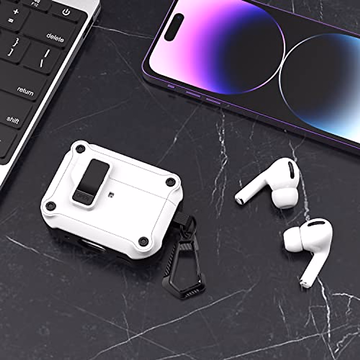 R-fun Airpods Pro 2nd Generation/1st Generation Case Cover with Automatic Snap Switch, Secure Lock Clip Super Protective for Airpods Pro Case (2019/2022) with Keychain for Men Women，White