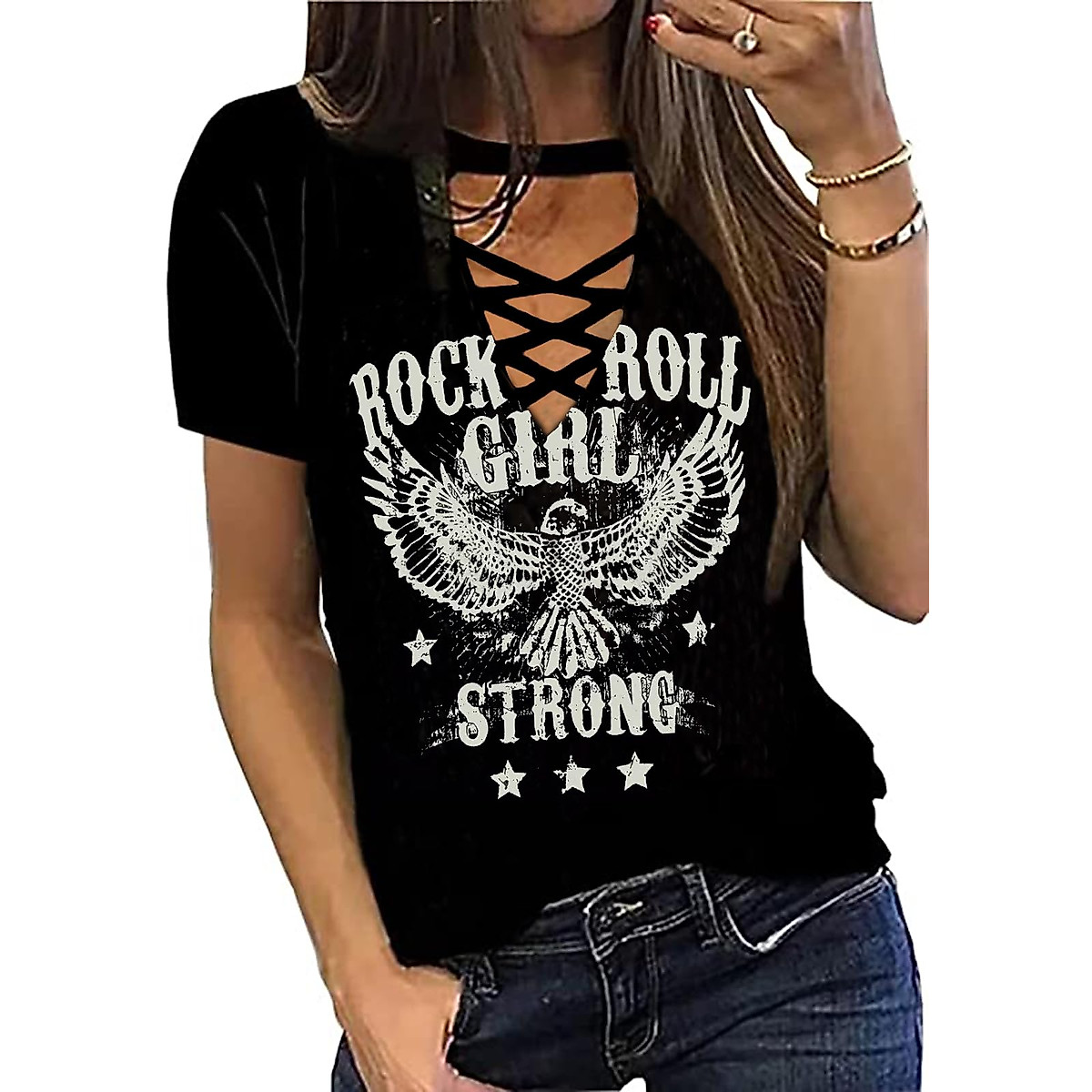 Rock Roll Criss-Cross Hollow Out T-Shirt Women Vintage Concert Rock Band Shirt Retro Country Music Short Sleeve Tops(Black,XL)