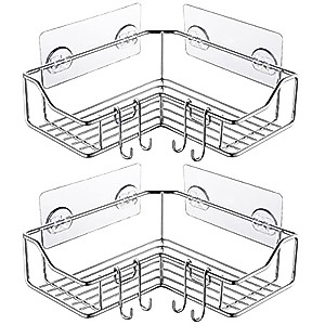 TETOTE Corner Shower Caddy,2-Pack Storage For Inside Shower Adhesive Shelf with Hooks,SUS304 Rustproof No drill Organizer Suction cups for Bathroom Stick On Shelves