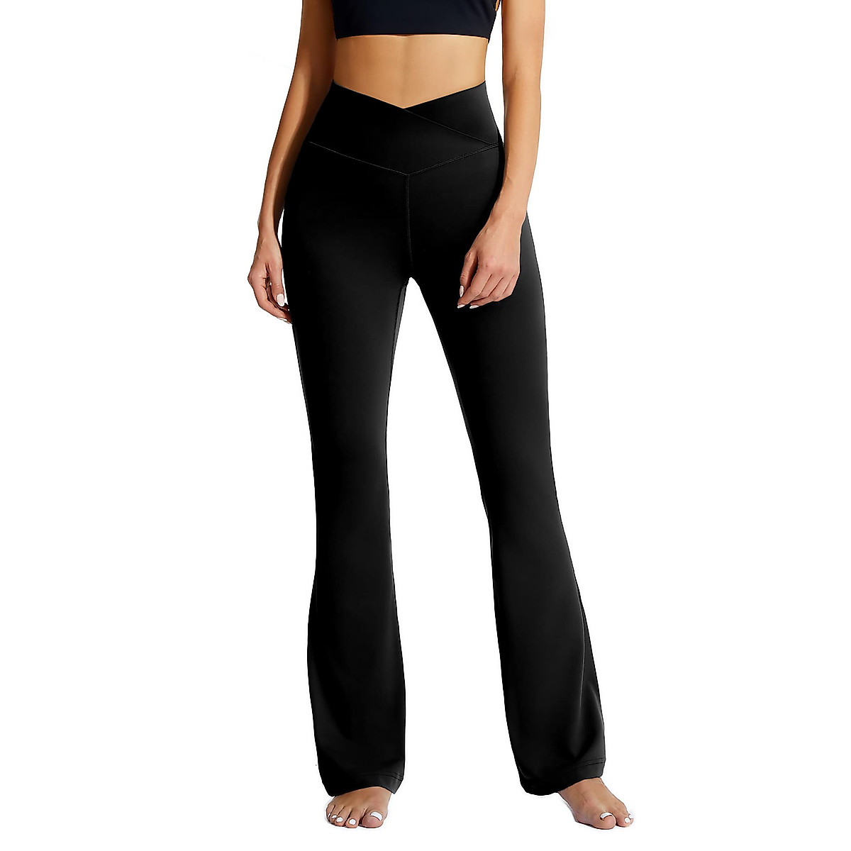 VICUR Women's Flare Yoga Pants V Crossover High Waisted Yoga Pants Non See Through Bootleg Yoga Leggings Black-XL