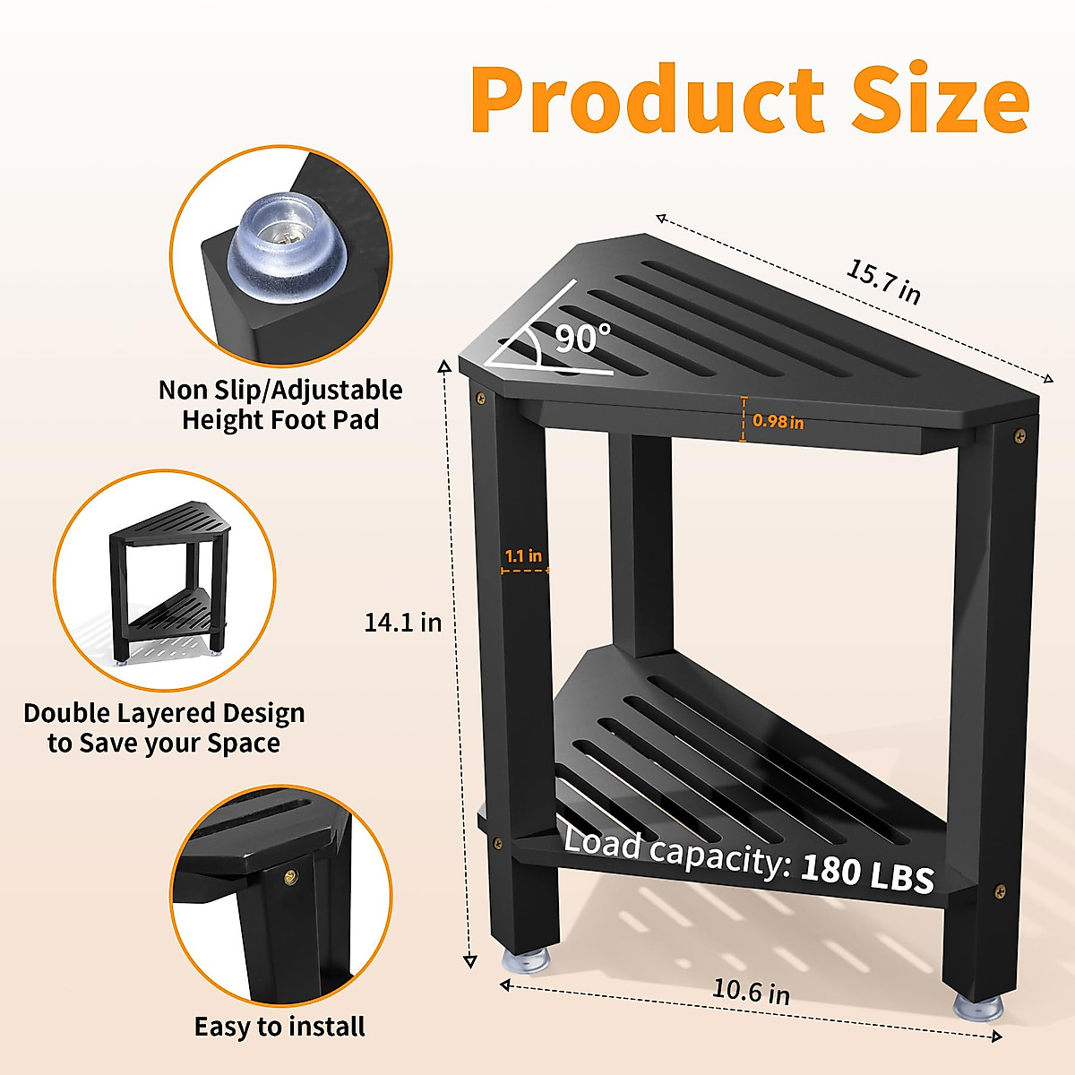 Shower Foot Rest 14 in, Acacia Wood Shower Stool for Shaving Legs,Corner Bath Shower Bench with Starage Shelf for Inside Small Shower Spaces