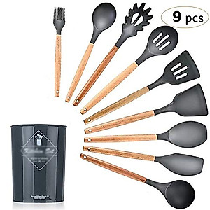 Classic 9 pcs Silicone Kitchen Utensil Set BPA Free Non Toxic Cooking Utensils Wooden Handle with Storage Box kitchen Tools