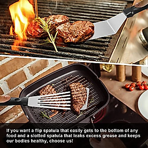 2pcs Fish Spatula, Broppiey heavy duty Stainless Steel Metal Spatulas for Cast Iron Skillet, Griddle, Flat Top Grill, Slotted Fish Turner Spatula Can Flipper Egg Pancake Hamburger, Hanging Hole Black