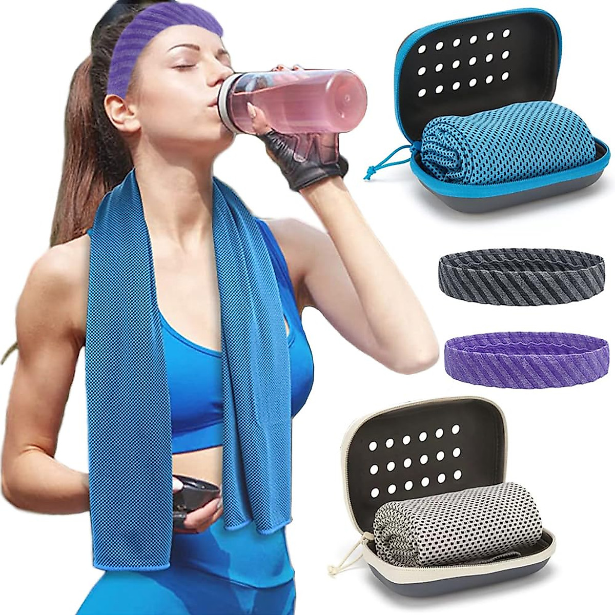 2 Pack Cooling Towel Cold Towel Ice Towel Microfiber Cool Towel with 2 Pcs Headband for Sports, Yoga, Golf, Gym, Running, Fitness，Camping, Workout Women Men Teens Neck Face Clearance Accessories