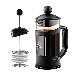 OVENTE French Press Coffee Maker 12 Ounce, Heat Resistant Borosilicate Glass with 4 Filter Stainless-Steel System, BPA-Free Portable Pitcher Perfect for Hot & Cold Brew, Black FPT12B