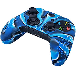 9CDeer 1 Piece of Studded Protective Silicone Cover Skin Sleeve Case + 8 Thumb Grips Analog Caps for Xbox One/S/X Controller Camouflage Blue Compatible with Official Stereo Headset Adapter