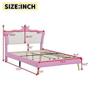 SOFTSEA Full Size Upholstered Bed with LED Lights, Princess Platform Bed for Girls, Adjustable Headboard with Crown, Wood Slats Support, No Box Spring Needed, Pink