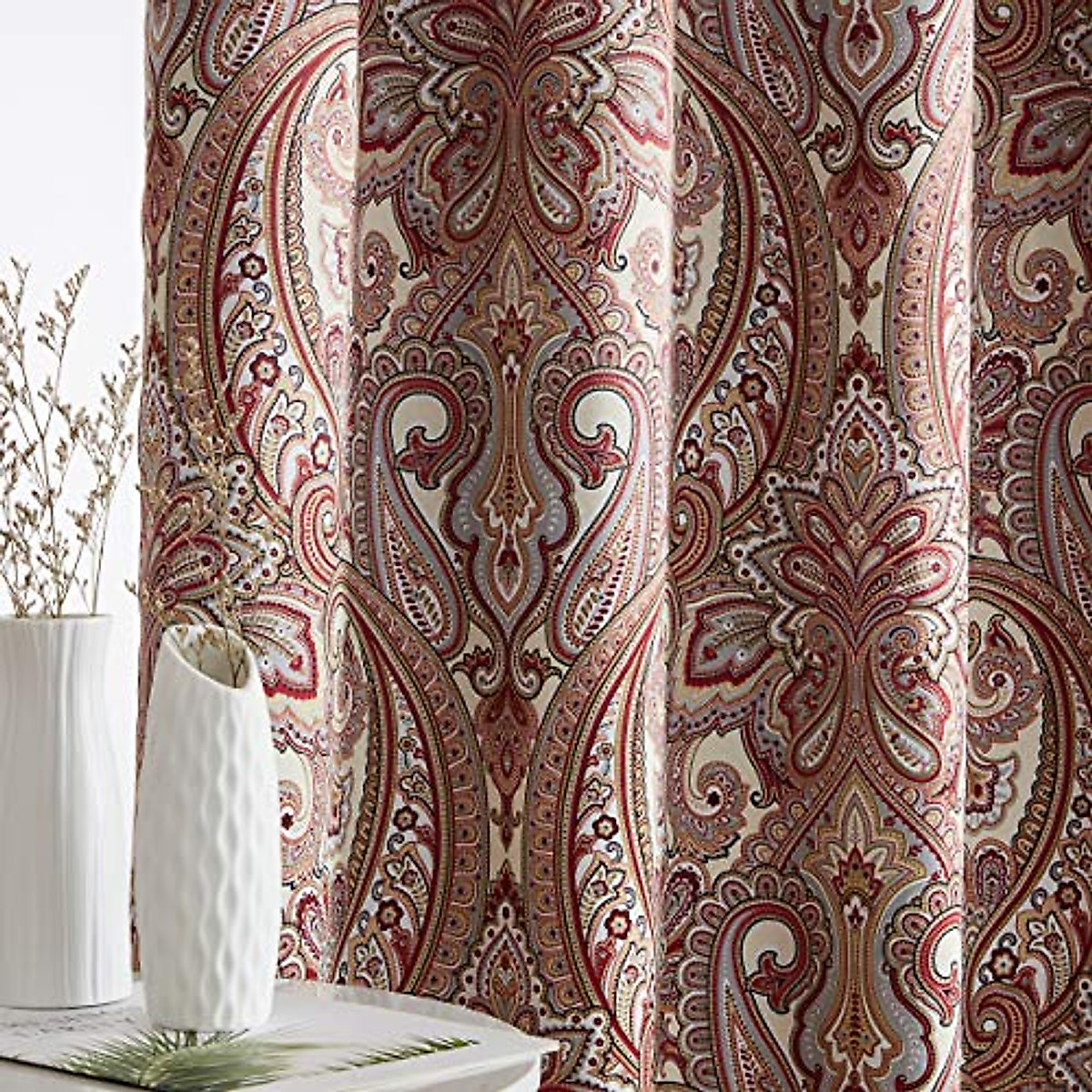 HLC.ME Paris Paisley Decorative Pattern Print Damask Pattern Thermal Insulated Semi-Blackout Energy Savings Room Darkening Grommet Window Curtain Panels for Bedroom - Set of 2 (50 W x 84 L, Spice Red)