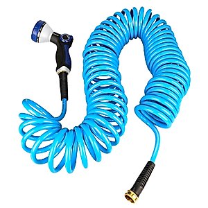 YOTOO Polyurethane Recoil Garden Hose 3/8 in. x 50 ft, Heavy Duty Garden Hose with Spray Nozzle, Bend Restrictor, G3/4" Swivel Solid Brass Fitting, Blue
