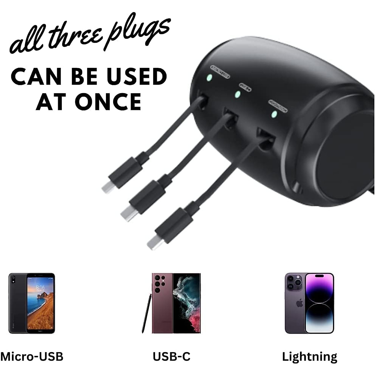 Multi Retractable Carbackseat Charger 3 in 1 - Compatible with All Type of Cellphones - Car Power Charging Station for iPhone/iPad/Android, Back seat Passengers | Share Ride (Black)