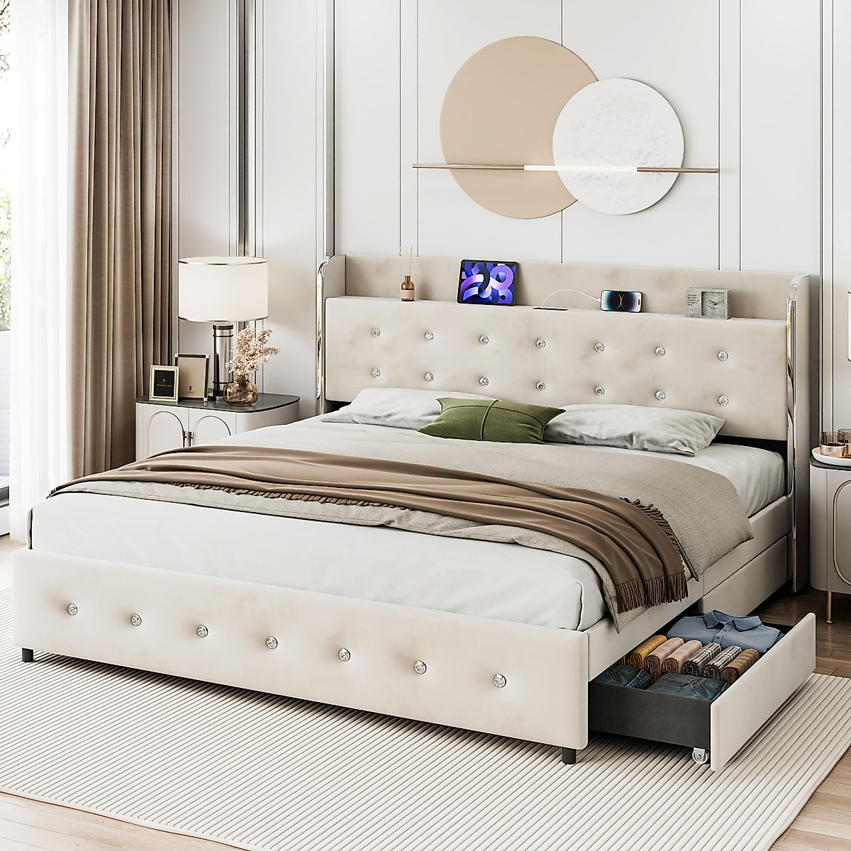 Senfot Queen Size Bed Frame, Upholstered Bed Frame with 4 Storage Drawers, Platform Bed Frame with Diamond Tufted Headboard, Wood Slat Support, No Springs Required, Easy to Assemble, White