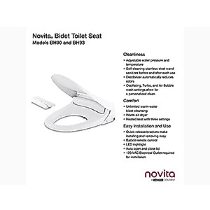 KOHLER BH90-N0 Novita Elongated Electric Bidet Toliet Seat, Heated Bidet Seat for Existing Toilets, Bidet Warm Water with Dryer, White