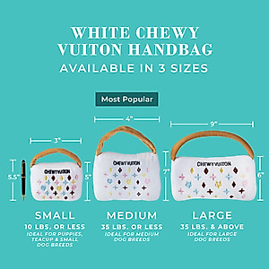 Haute Diggity Dog Chewy Vuiton White Purse, Plush Designer Dog Toys with Interactive Squeaker, Stimulating Pet Enrichment, Machine-Washable & Safe Materials for All Breeds, Size Small