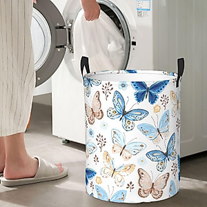 Blue Brown White Butterfly Freestanding Laundry Hamper Personalized Dirty Clothes Hamper Storage Basket For Bedroom,Bathroom,College Dorm Boys And Girls Cat Dog Pet Toy Storage