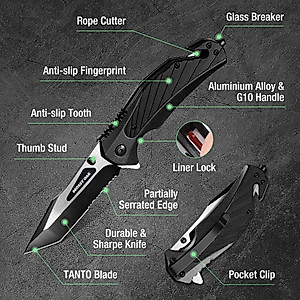 Mossy Oak Folding Pocket Knife with Aluminium Alloy & G10 Handle, 4.75" Tactical Knife with Tungsten Steel Glass Breaker, Seatbelt Cutter, Belt Clip, Survival Knife for Emergency, Outdoor, Camping