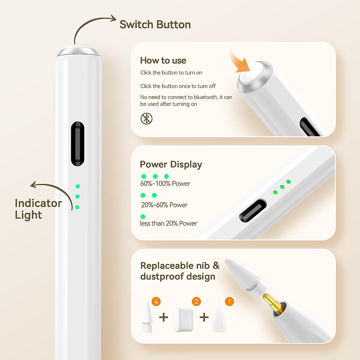 Hastraith Stylus Pen for iPad(2022-2018), 13 mins Fast Charging iPad Pencil, Tilt Sensitivity for Apple iPad 10/9/8/7/6, iPad Air 5/4/3, iPad Pro 12.9/11", iPad Mini 6/5, Cream White