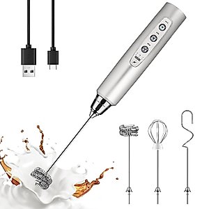 YUSWKO Rechargeable Milk Frother Handheld with 3 Heads, Silver Coffee Electric Whisk Drink Foam Mixer, Mini Hand Stirrer with 3 Speeds Adjustable for Latte, Cappuccino, Hot Chocolate, Egg
