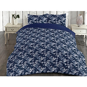 Ambesonne Floral Duvet Cover Set, Monochrome Vintage Art of Continuous Flowers and Leaves on Night Themed Back, Reversible 3 Piece Bedding Set with 2 Pillow Shams, California King, White Navy Blue