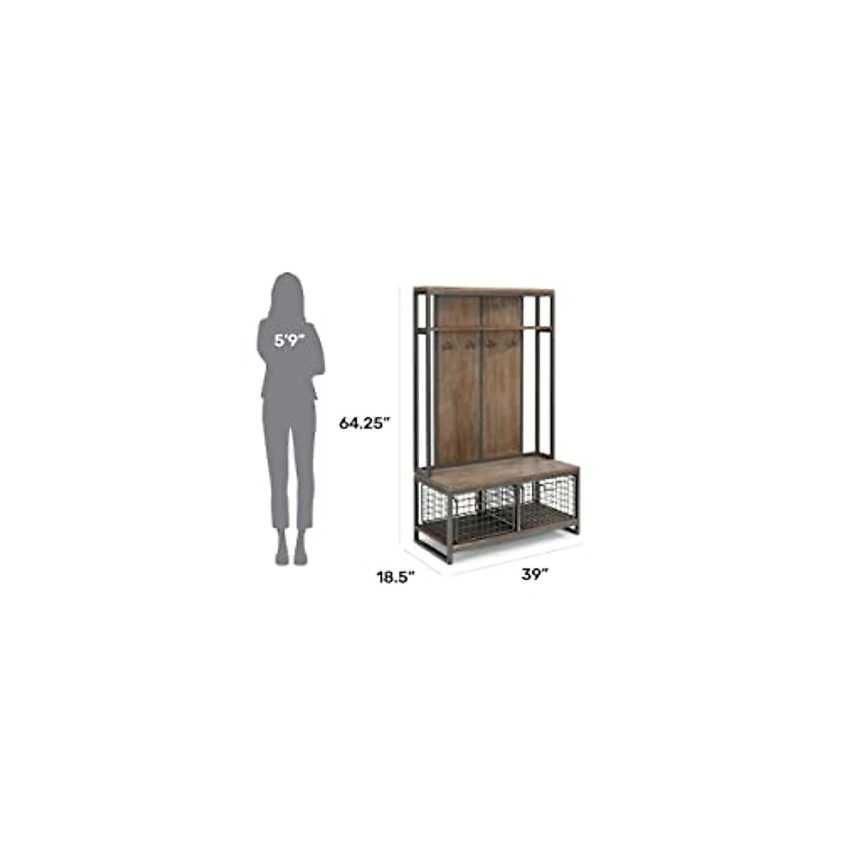 homestyles Barnside Metro Hall Tree Constructed of Mixes Media, Gray Metal Frame with Multi-toned Driftwood Finish with Two Large Storage Baskets and Four Hooks