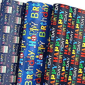 U'COVER Birthday Wrapping Paper 6 Large Sheet Happy Birthday Gift Wrapping Paper for Kids Boys Girls Men Women Baby Shower 3 Style Colorful Birthday Greeting Gift Wrap Paper Folded Flat 27 * 37inch