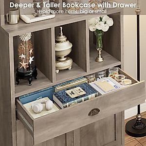 Keyluv 80” Tall Bookcase with Drawer and Doors, Grey Bookshelf with Adjustable Cabinet, Deep Book Shelf Case with Storage and 9 Open Cubes for Living Room/Home Office, Wood Gray Wash