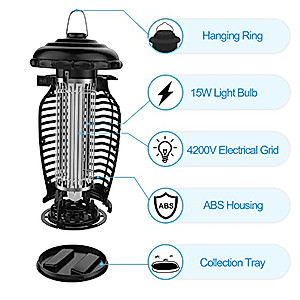 Bug Zapper - Powerful Electric Mosquito Zapper Fly Killer for Outdoor and Indoor - 4200V Metal Mesh, Insect Fly Trap Indoor Mosquito Killer for Home, Garden, Patio, Backyard (15W)