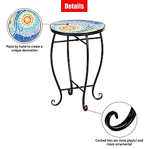 GBNIJ gt5-ly Blue Hawaii Inlaid Stained Glass Sun Mosaic Round Terrace Tavern Table, Suitable for Garden Plant Side Table​​, Any Beach Theme Decoration