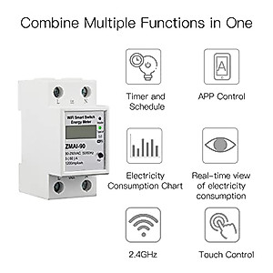 WiFi Smart Energy Monitor Switch Meter, Compatible with Alexa Google Home, Remote Control with Smart Life/Tuya App, Din Rail Tester Current Voltage Amperage Power Meter AC 110-230V 60A Multimeter