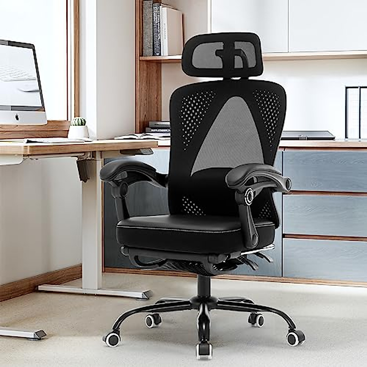 Ergonomic Office Chair, Reclining High Back Mesh Chair with Lumbar Support PU Leather Home Task Desk Chair with Headrest and Footrest Computer Executive Desk Chair with Padded Armrests,Black