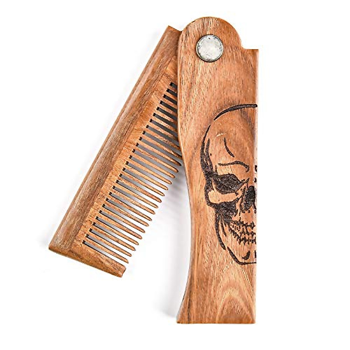 Menesia Men's Pocket Comb,Folding Wooden Beard Comb with Leather Travel Case,Green Sandalwood Hair Combs Set for Men(Skeleton)