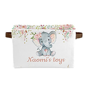 Joyestore Pink Flower Elephant Personalized Storage Bins ,Baskets Cubes Organizer with Handle for Shelves Closet Nursery Toy 4 Packs