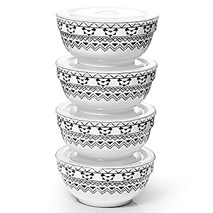 DOWAN Porcelain Bowls with Vented Lid, 30oz Cereal Soup Bowl, Ceramic Bowl Set, Ceramic Bowl With Lid, Prep Bowls for Kitchen, Modern Bohemian Bowl for Oatmeal, Rice, Pasta, Salad, Set of 4