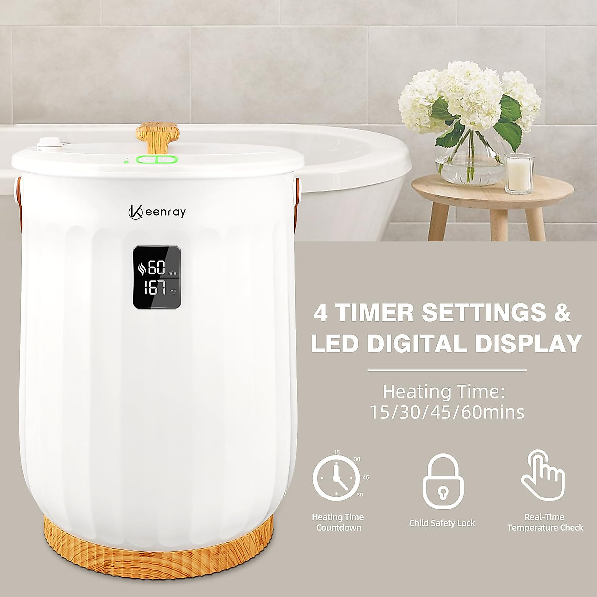 Keenray Adjustable Temperature Towel Warmer with Timer, Safety Lock, and Display - For Bathroom, Hot Tub, Spa, White, CL27