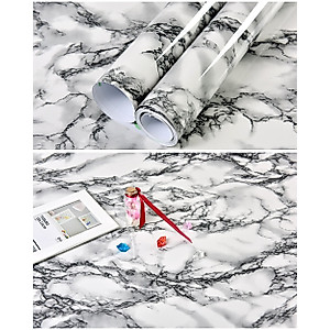 Self Adhesive Black White Gloss Marble Vinyl Shelf Liner Wall Paper for Kitchen Countertop Cabinets Backsplash Wall Crafts Projects (24 by 117 Inches)