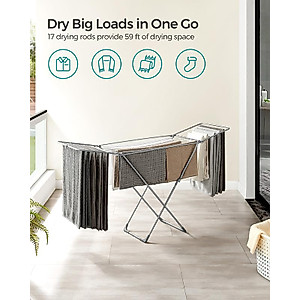 SONGMICS Clothes Drying Rack, Metal Laundry Drying Rack, Foldable, Space-Saving, Free-Standing Airer, with Gullwings, Indoor Outdoor Use, Bed Linen Clothing, Gray ULLR540G01