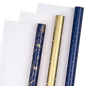 LeZakaa Floral Wrapping Paper Roll - Mini Roll - Gold Stamping Design - Lotus/Star/Dot for Wedding, Bridal Shower, Birthday - 17 x 120 inches - 3 Rolls (42.5 sq.ft.ttl.)