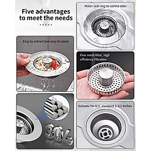 RLQXG 3 in 1 Kitchen Sink Drain Strainer [304 Stainless Steel Pop Up] Anti-Clogging Kitchen Sink Drain Stopper Stainless Steel Efficiently Drainage Odor Filter Sink Plug for Us Standard 3-1/2 Inch